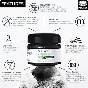 Blisque - Pure Himalayan Organic Shilajit Resin Supplement | with Organic Ashwagandha and Moringa | Authentic and Natural | Golden Grade A | Contains Fulvic Acid and Trace Minerals | 60 Grams