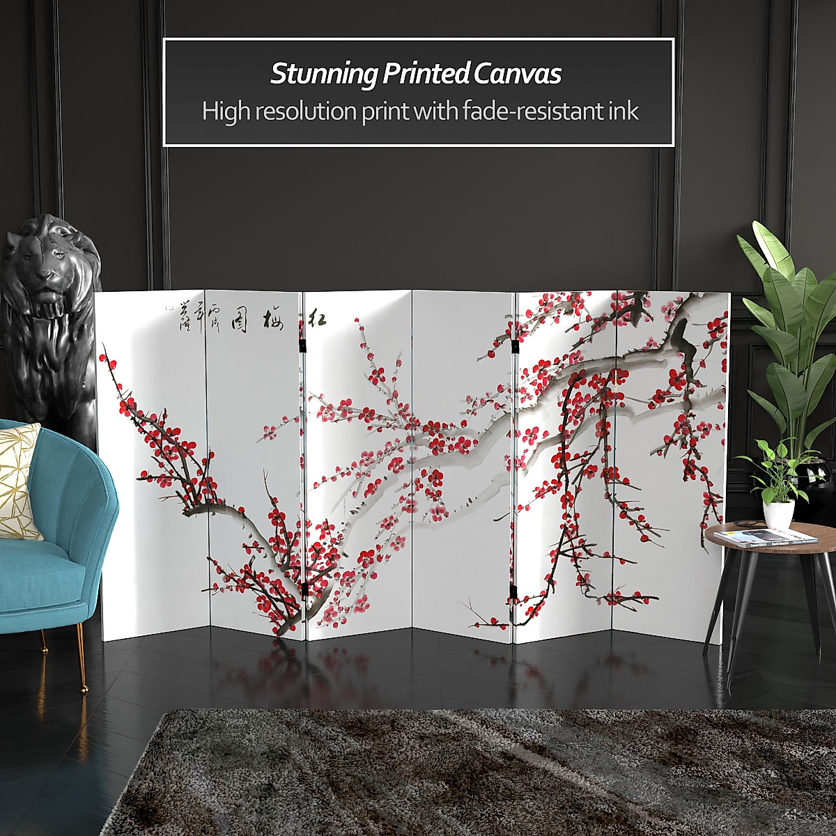 Red Lantern 4 ft. Short Double Sided Plum Blossom Canvas Folding Screen 6 Panel Freestanding Partition and Separator for Modern and Contemporary Bedroom, Home Office, Studio, Dorm, Apartment