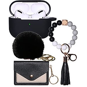 4-in-1 for AirPods Pro 1st Generation Case Cover Accessories Set Kit, Cute for AirPod Pro Case Skin with Fur Ball Pompom/Wristlet Bracelet Keychain/Credit Card Holder Purse for Women and Girls Red