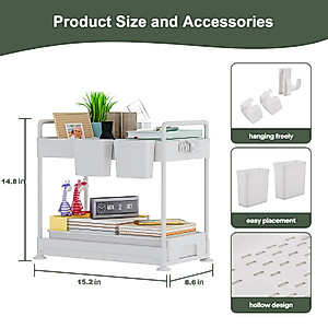 BAYANKHAR Under Sink Organizers and Storage, Multi-purpose Bathroom Organizer Under Sink, 2 Tier Under Kitchen Sink Organizer Sliding Cabinet organizer Basket with Hooks,Hanging Cup,white,2 Pack
