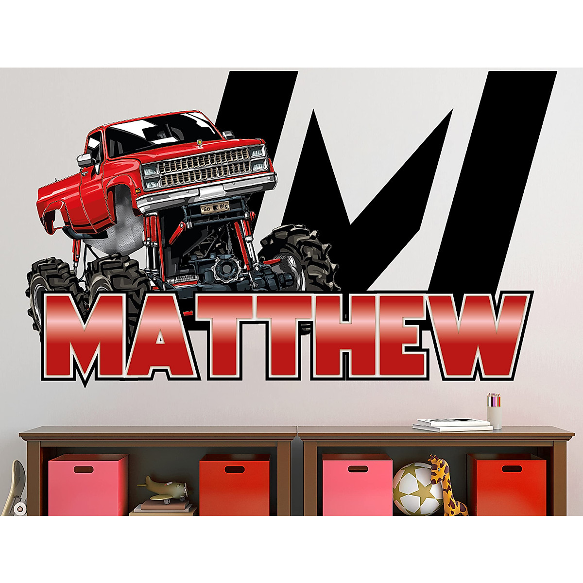 Personalized Monster Truck Wall Decals - Monster Truck Wall Stickers for Wall Decor - Monster Truck Room Decor for Boys - Monster Jam Wall Decals for Kids Bedroom - Customized Name Wall Decor