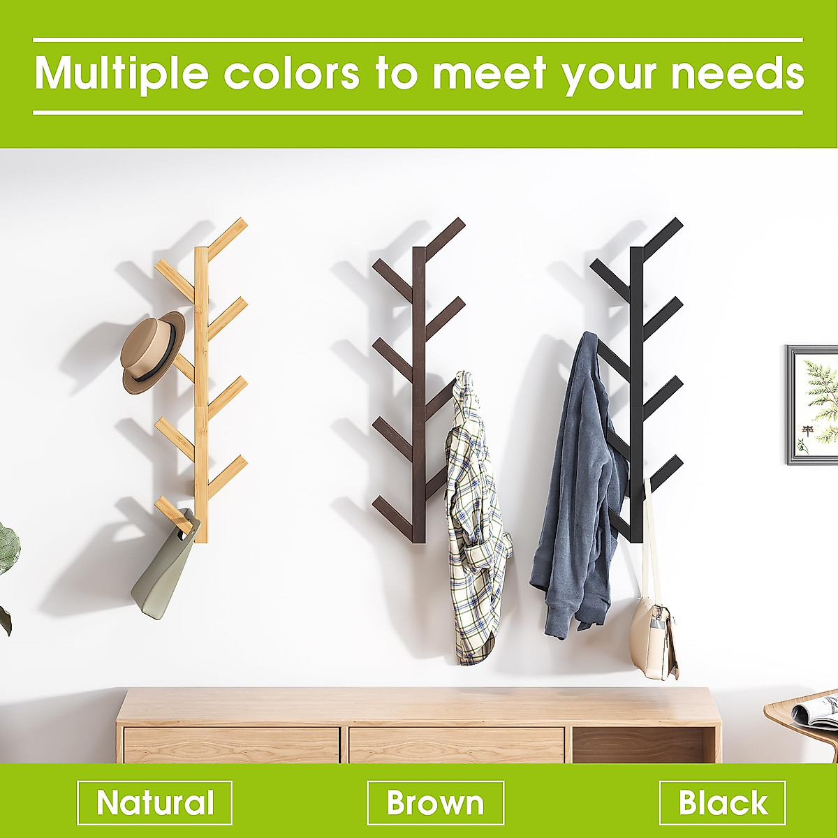 BMOSU Wall Mounted Coat Rack Coat Tree Hat Tree on The Wall with 8 Hooks Coat Rack for Hats Jackets Bags Scarves for Entrance Living Room(Black)(Brown)