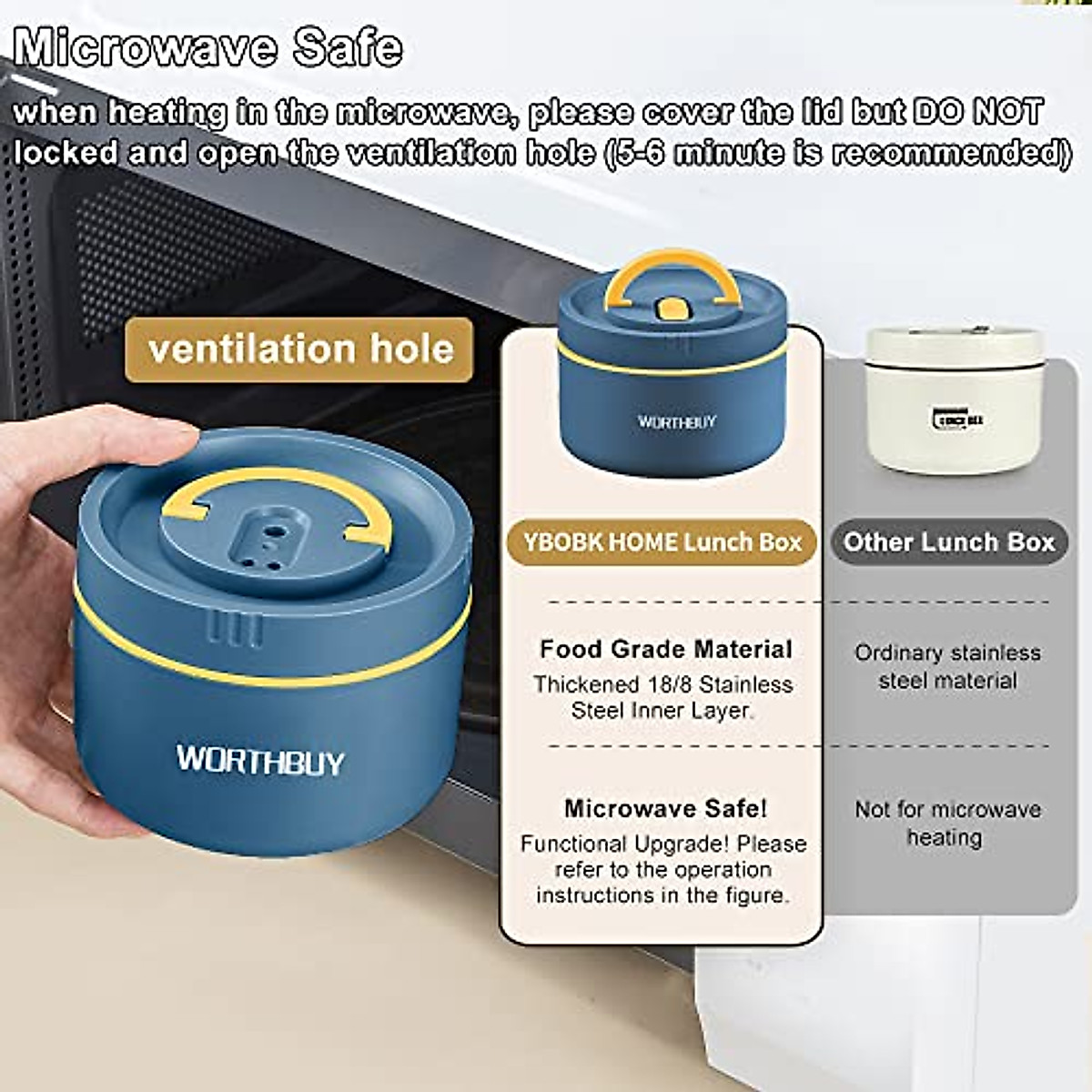 YBOBK HOME Thermal Bento Lunch Box For Food, Portable Keep Warm Lunch Container For Kid Adult To School Work, Stainless Steel Insulated Lunch Box With 2 Separate Microwave Food Containers (Blue 34oz)