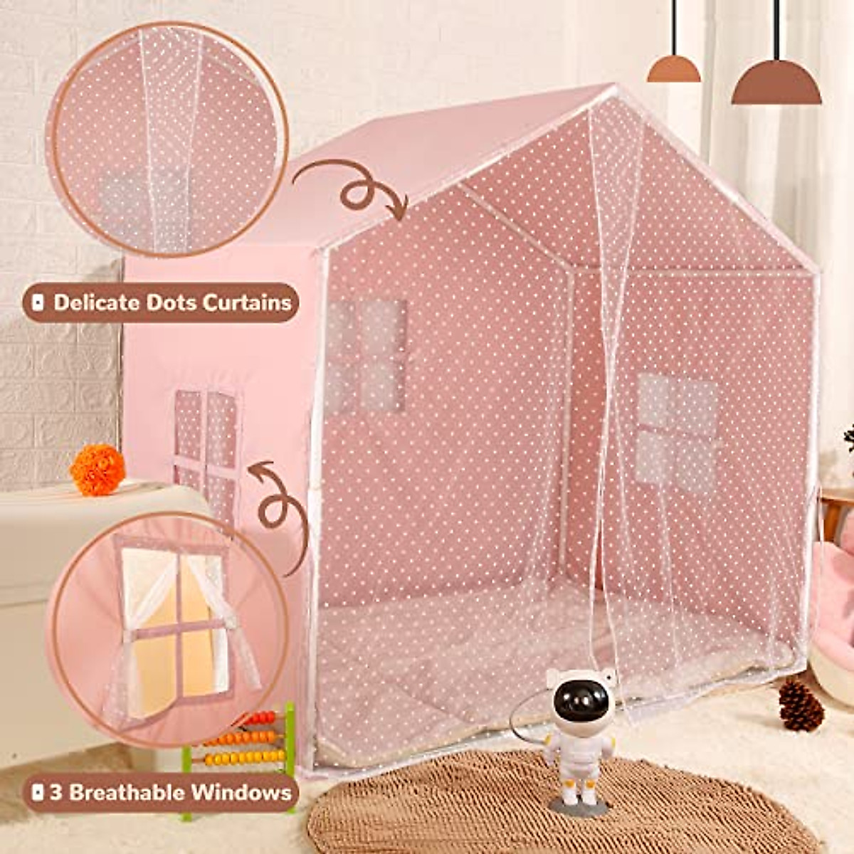 Kids Play Tent Indoor Outdoor, Large Play House Tents for Toddlers 3-12 Years Old, Girls Boys Play Tents with Non-Slip Mat and Star Lights, Pink 51" x 35.5" x 52"