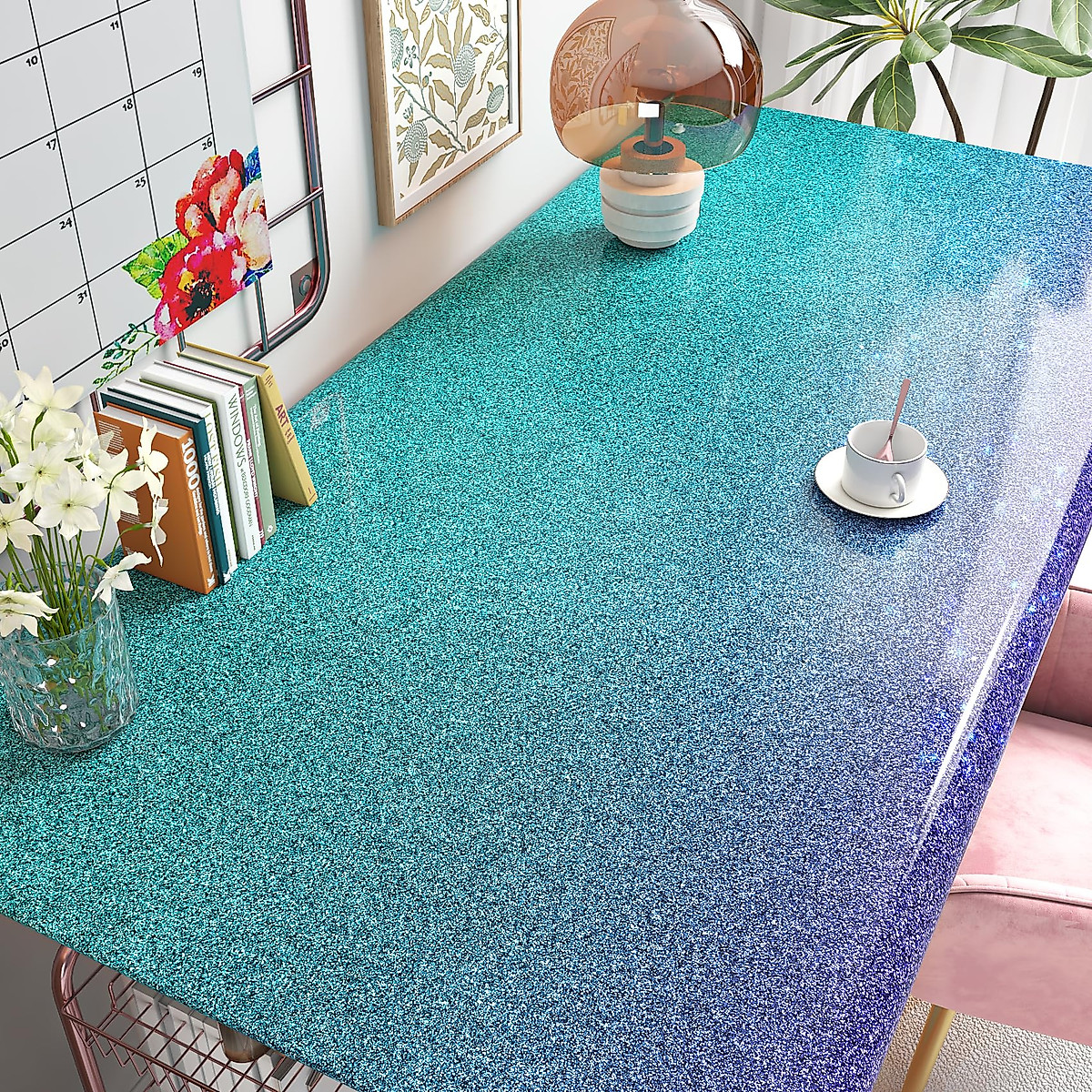 Livelynine Glitter Wallpaper Peel and Stick Blue Teal Green Iridescent Glitter Contact Paper for Cabinets Drawers Countertops Wall Desk Counter Top Cover 15.8x78.8 Self Adhesive Vinyl Wrap for Cricut