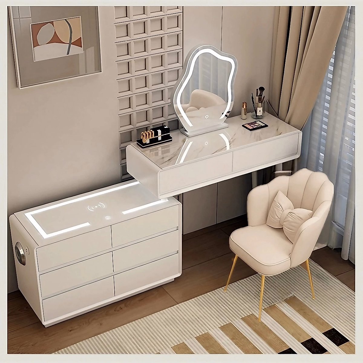 ZGNBSD Corner Vanity Set - Makeup Vanity Desk with Charging Station & Bluetooth Speaker, 8 Drawers Design, Including LED Vanity Mirror and Chair, L-white, 47''