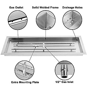 GASPRO 36 x 12 Inch Drop-in Fire Pit Pan and Burner, Natural Gas & Propane Fire Pit Insert with H-Burner, Heavy Duty 304 Stainless Steel, Mounting Plates Included