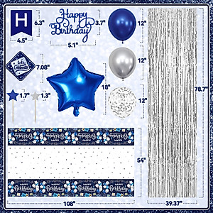 Navy Blue and Silver Birthday Decorations for Men Birthday Decorations for Boys Contain Banner Balloons Fringe Curtains Hanging Swirls Tablecloth Cake Topper Birthday Party Supplies for Men & Boys