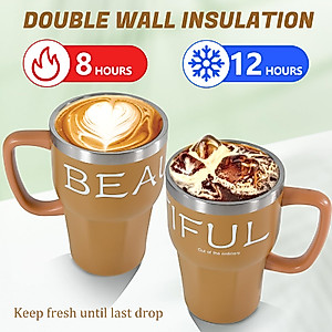 21 oz Insulated Coffee Mug Tumbler with Handle, Stainless Steel Travel Mug Tumbler with Lid and Straw, Coffee Travel Mug Spill Proof with Lid for Keep Hot/Ice Coffee, Brown