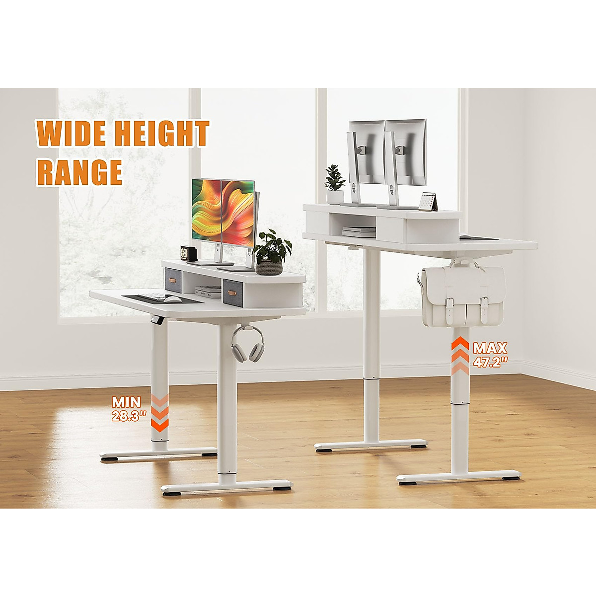 Flycity Electric Standing Desk with Dual Drawers, 55" x 24" Height Adjustable Desk Sit Stand Desk with Memory Controller, Casters & 2 Hooks, Ergonomic Low Noise Home Office Desk, White