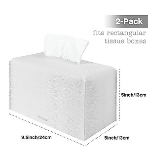 2Pcs Tissue Box Cover Holder, Rectangular with Bottom Belt - PU Leather Tissue Cover Decorative Organizer for Tabletop, Bathroom, Car, Office,9.5X5X5 Inch - White