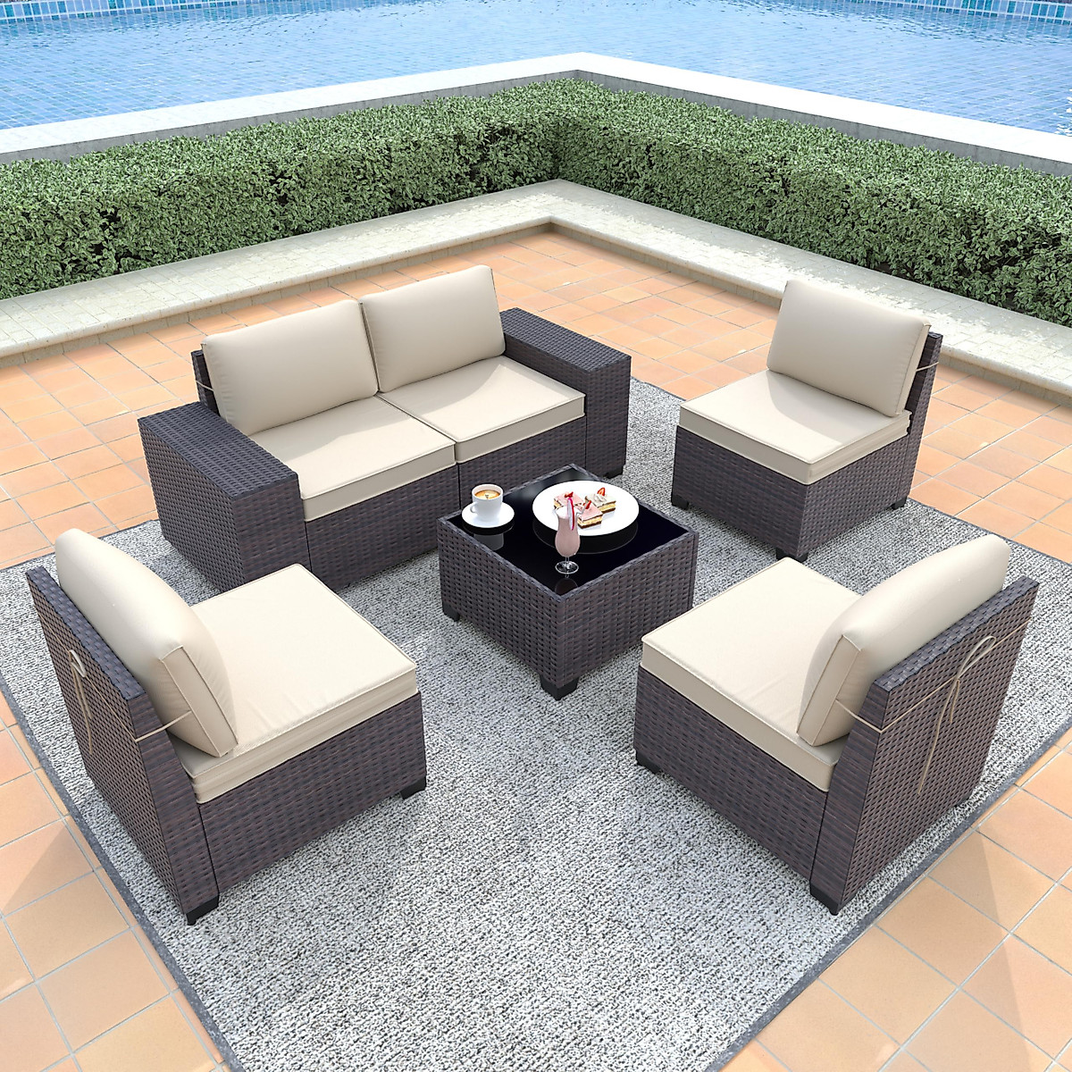 Gotland 6-Piece Patio Furniture Set, All-Weather PE Rattan Outdoor Sectional with Replaceable Khaki Waterproof Cushions and Coffee Table