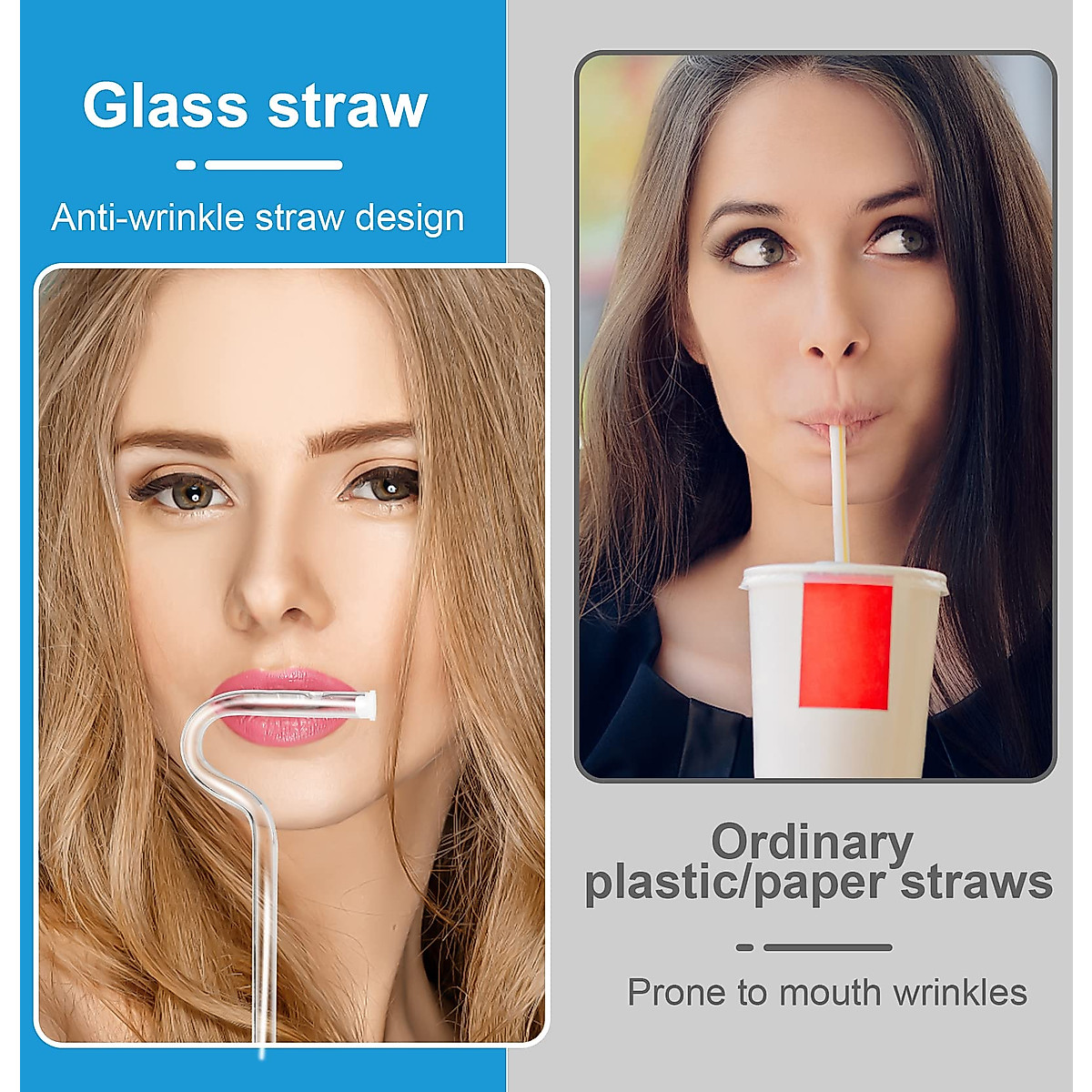 Anti Wrinkle Straw, Reusable Anti Wrinkle Drinking Straw Glass Straw, Lip Straw for Wrinkles, Set of 2 Anti Lip Wrinkle Straw and 1 brush