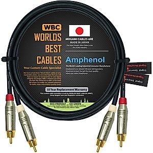 WORLDS BEST CABLES 6 Foot – Directional Quad High-Definition Audio Interconnect Cable Pair CUSTOM MADE using Mogami 2534 wire and Amphenol ACPR Die-Cast, Gold Plated RCA Connectors