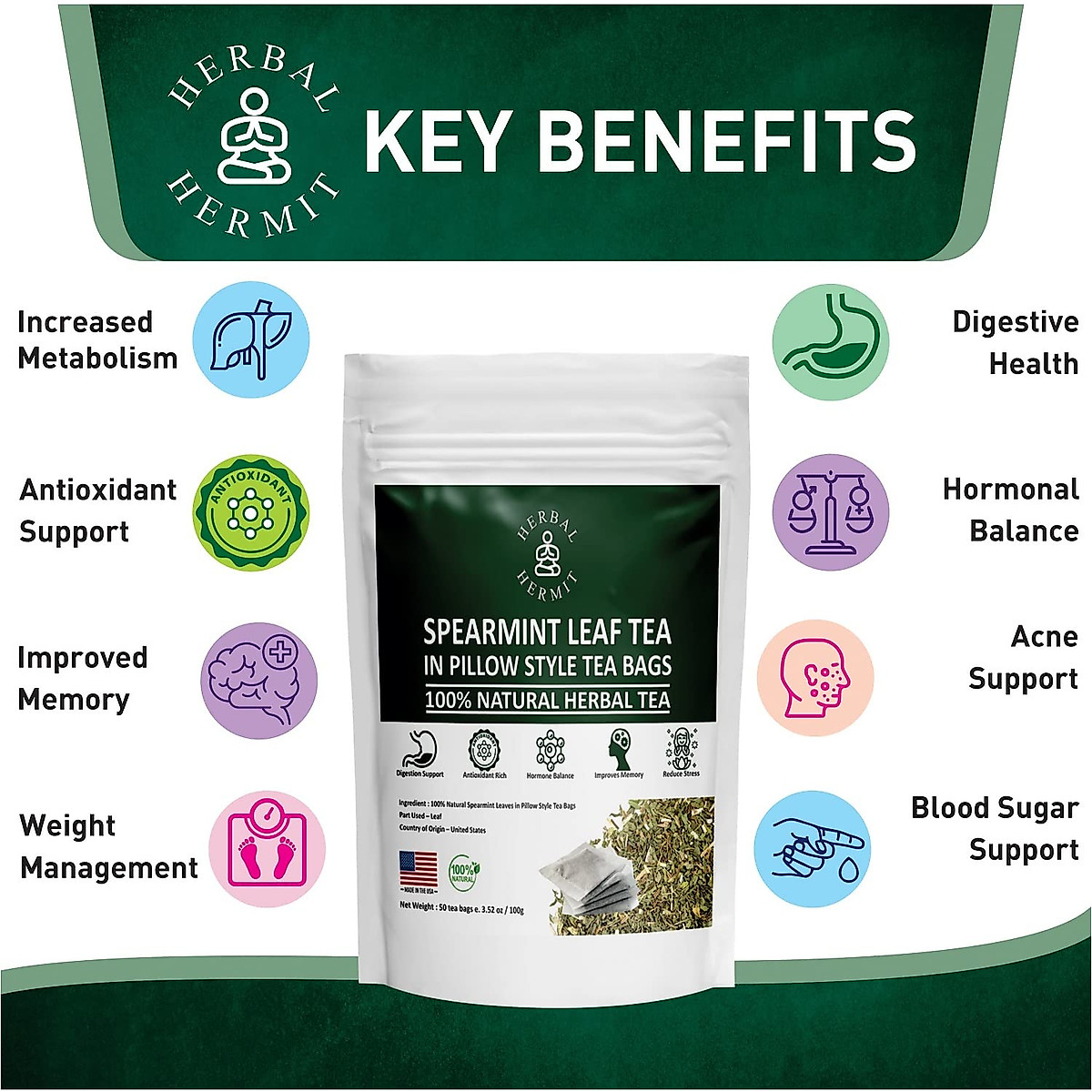 Spearmint Tea (50 Tea Bags) with Natural Spearmint Leaves Herbal Tea in Caffeine Free Easy to Use Tea Bags