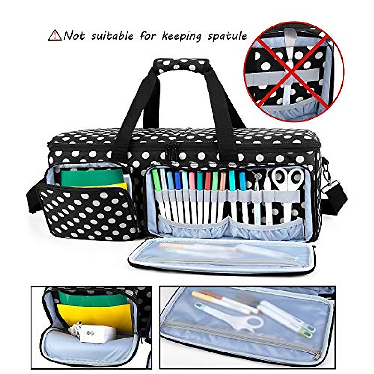 CURMIO Carrying Case Compatible with Cricut Explore Air 2, Cricut Maker, Silhouette Cameo 4 and Cameo 3, Travel Storage Bag with Pockets for Craft Tools and Accessories, Black Dots