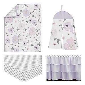 Sweet Jojo Designs Lavender Purple, Pink, Grey and White Shabby Chic Watercolor Floral Baby Girl Nursery Crib Bedding Set - 4 Pieces - Rose Flower Polka Dot