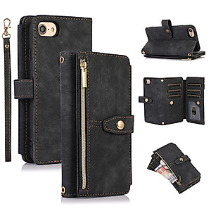 UEEBAI Case for iPhone 7 Plus/iPhone 8 Plus, 9 Card Slots Retro Leather Wallet Shockproof Flip Cover with Hand Strap Card Slots Zipper Pocket Kickstand Handbag Magnetic Closure - Retro Black