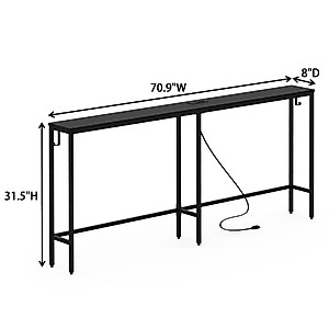 LEOMONIO 7.9" Narrow Sofa Table with Outlet, 70.9" Long Console Table Behind Couch, Skinny Table with Detachable Hooks and Charging Station for Entryway, Hallway, Living Room, Metal Frame & Black Wood