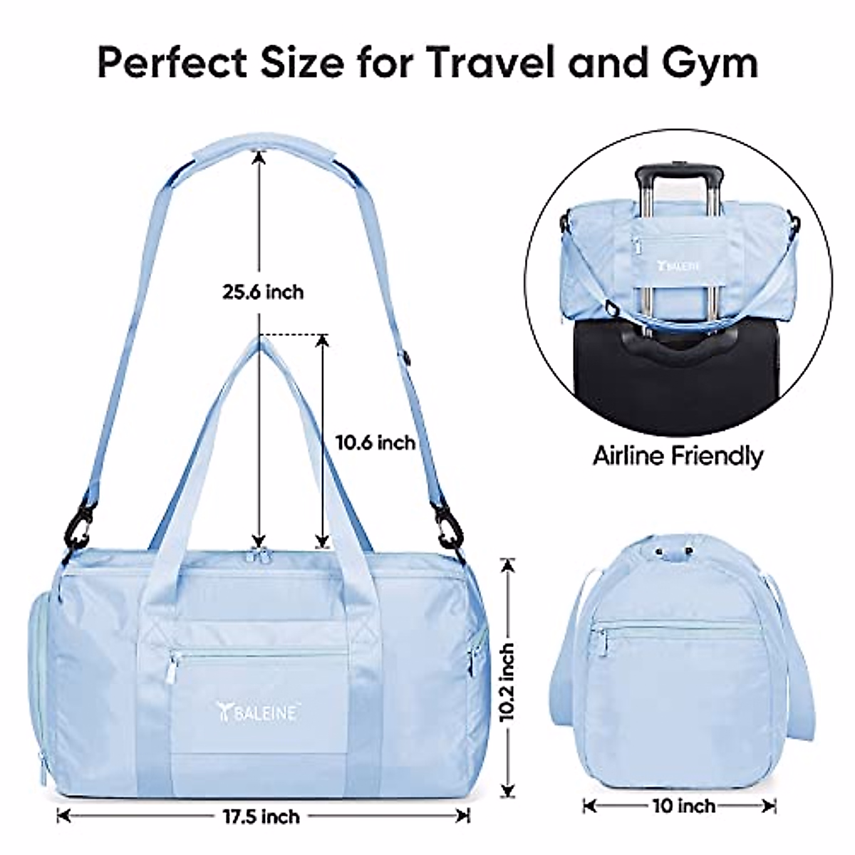 BALEINE Gym Bag for Women and Men, Small Duffel Bag for Sports, Gyms and Weekend Getaway, Waterproof Dufflebag with Shoe and Wet Clothes Compartments, Lightweight Carryon Gymbag (Azure)
