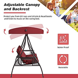 HOMREST 3 Seat Outdoor Porch Swing,Adjustable Canopy Porch Swings,Outdoor Swing with Stand, Patio Glider Chair with Thicken Cushions,Pillow & Cup Holder(Wine Red)