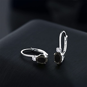 Gem Stone King 925 Sterling Silver Black Onyx and White Created Sapphire Leverback Earrings For Women (0.86 Cttw, Gemstone December Birthstone, Oval 6X4MM, Round 2MM, 3/4 Inch)