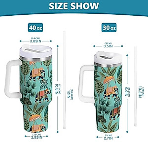 Elephants Peacocks Turquoise 40 oz Tumbler with Lid and Straw Insulated Tumblers with Handle Travel Coffee Mug Cup Large Water Bottles Cup for Men Women Sports Gym