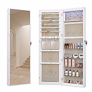 Hzuaneri 8 LEDs Mirror Jewelry Cabinet, 47.2-inch Jewelry Armoire Organizer, Wall/Door Mount Lockable Storage Cabinet with 6 Earrings Shelves, 2 Makeup Pockets, White and Beige JC12003BE
