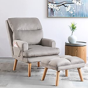 INZOY Accent Chairs with Ottoman, Velvet Fabric Armchair with Ottoman for Bedroom Living Room, Mid Century Modern Chair with Adjustable Backrest and Side Pockets, Grey