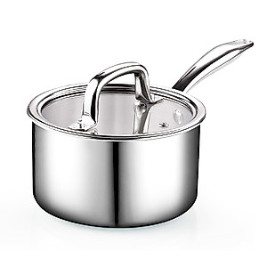 Cook N Home Stainless Steel Saucepan 3 Quart, Tri-Ply Full Clad Sauce Pan with Glass Lid, Silver