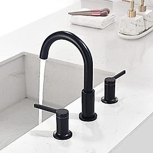 SHAMANDA Bathroom Vanity Sink Faucet 3 Holes, Mordern 2 Handle 8 Inch Widespread Bathroom Lavatory Basin Taps Brass, Valve and cUPC Water Supply Hoses Included, Matte Black, LB106-7