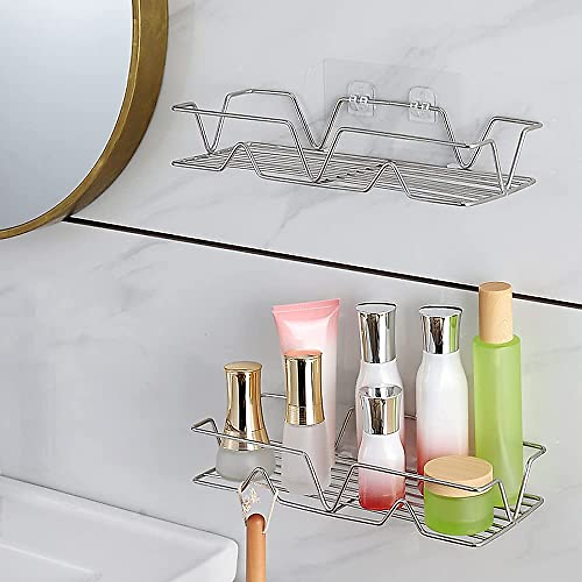 HIGHMON Shower Caddy Basket Bathroom Shelf,No Drilling Traceless Adhesive SUS304 Stainless Steel Kitchen Shelf Organizer With Soap Holder,Rustproof Wall Corner Suction Cup Storage Basket Christmas Gift