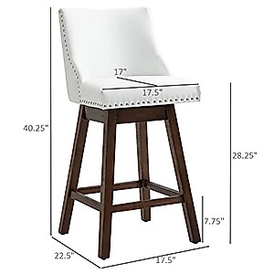 HOMCOM 28" Swivel Bar Height Bar Stools Set of 2, Armless PU Leather Upholstered Barstools Chairs with Nailhead Trim and Wood Legs, White