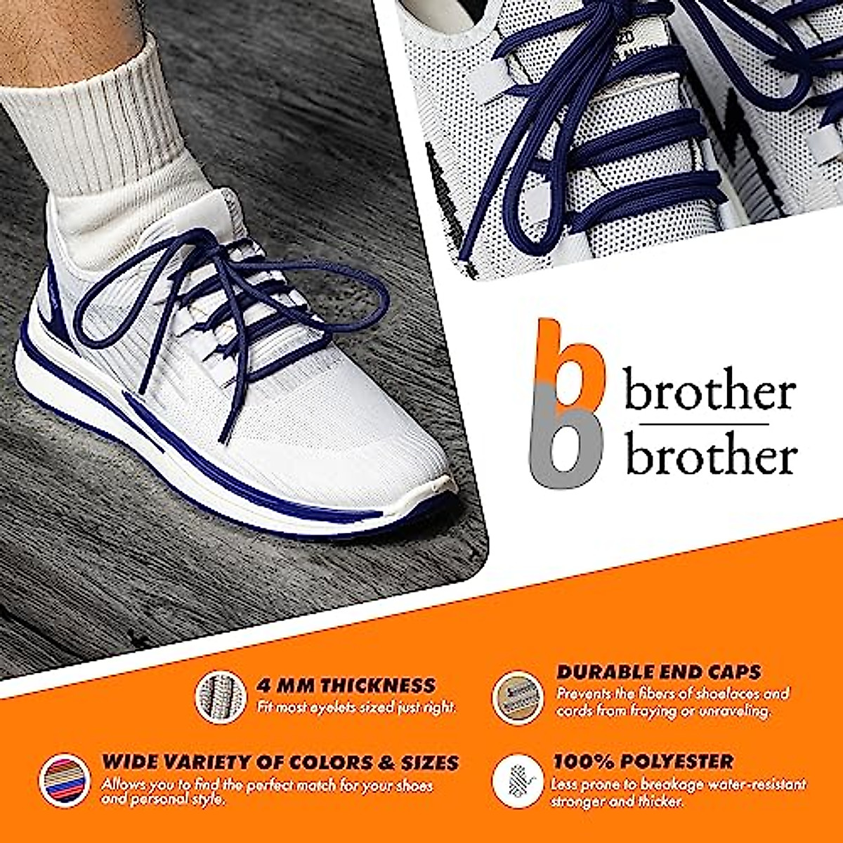 BB BROTHER BROTHER Round Athletic Shoe Laces Navy Blue (1 Pair) Heavy Duty Replacement Shoelaces, 4mm Shoe Strings for Men’s and Women’s Running Sneakers, Gym Trainers, Work Boots, Sports Shoes 48''