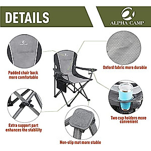 ALPHA CAMP Oversized Camping Folding Chair Heavy Duty Steel Frame Support 350 LBS Collapsible Arm Chair with Cup Holder Quad Lumbar Back Chair Portable for Outdoor/Indoor