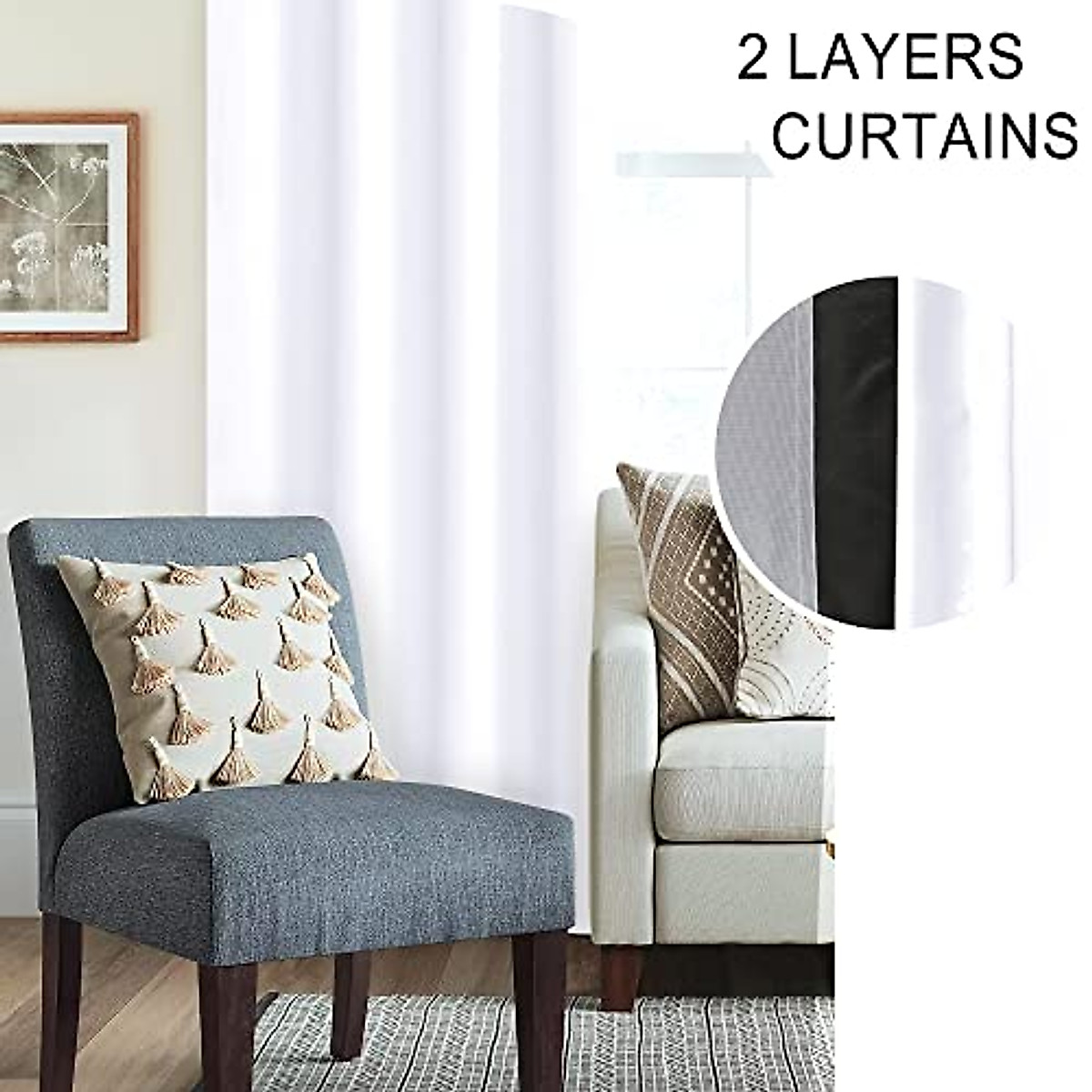 XWZO 100% Blackout Curtains 2 Panels with Tiebacks- Heat and Full Light Blocking Window Treatment with Black Liner for Bedroom/Nursery, Grommet Top，White, W52 x L84 Inches Long, Set of 2