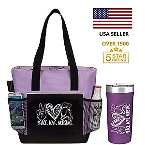 Peace, Love, Nursing. 2-Piece Gift for Nurses. Includes Insulated Tote Bag and Stainless-Steel Tumbler. Great Thank You Gift for Nurses. RN Gift and Perfect Graduation Gift. Nurse Bag for Work.