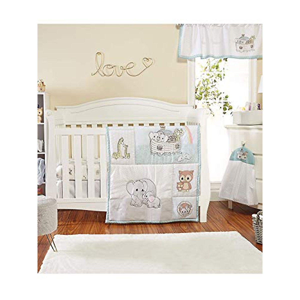 EVERYDAY KIDS Precious Moments Noah’s Ark 4 Pc Crib Bedding for Boys Nursery Set Includes Baby Bed Quilt, Fitted Sheet, Dust Ruffle and Diaper Stacker with Sweet Images of Elephants and Giraffes
