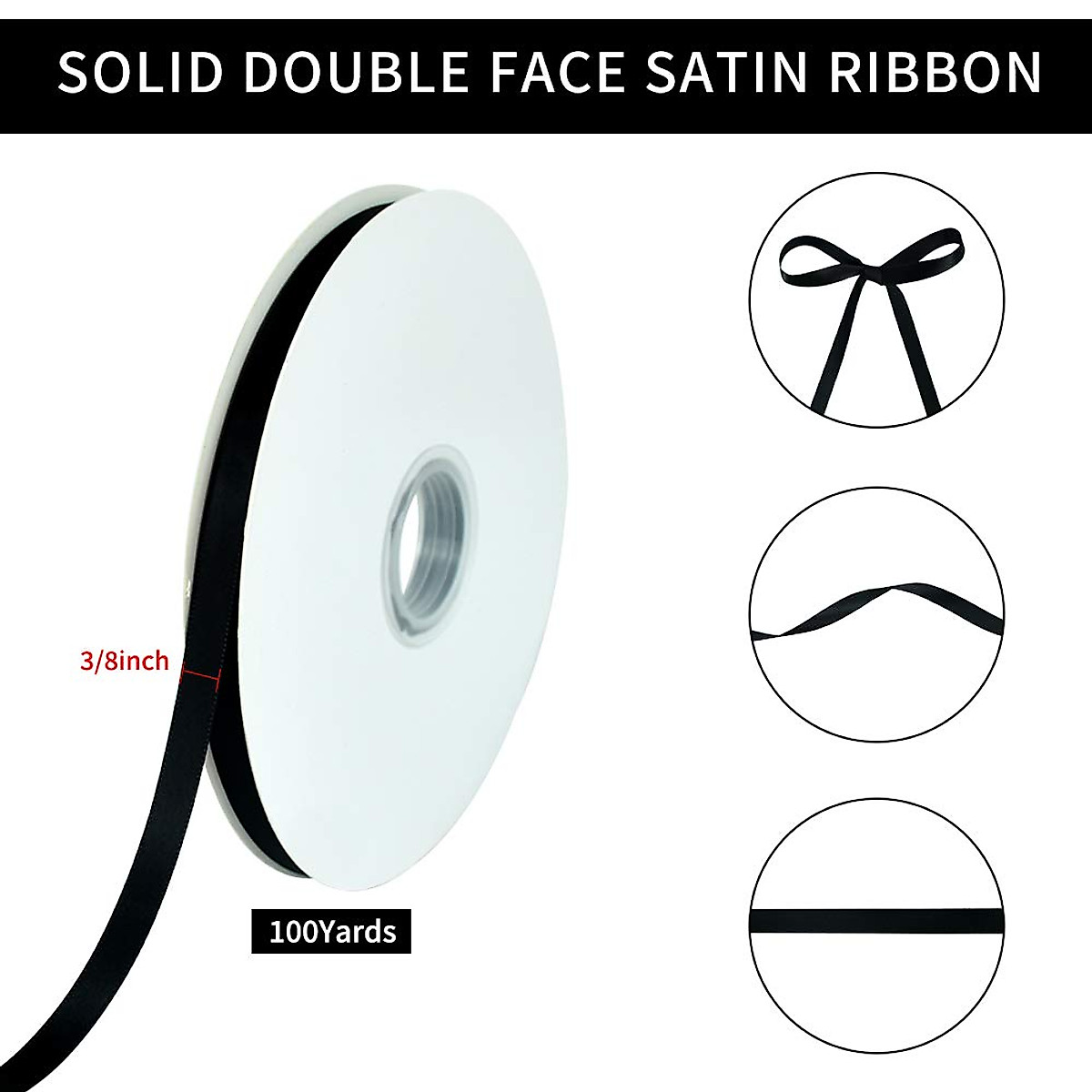 TONIFUL 3/8 Inch x 100yds Black Satin Ribbon Thin Solid Fabric Ribbons Roll for Gift Wrapping Invitation Floral Hair Balloons Craft Sewing Party Wedding Popsicles Decoration Valentine's Day Bouquet