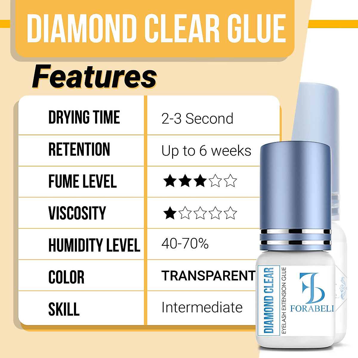 Forabeli Diamond Clear Lash Extension Glue - 2-3 Sec Dry, 6 Week Retention, Flawless Color Blending, Transparent Adhesive for Colored Eyelash