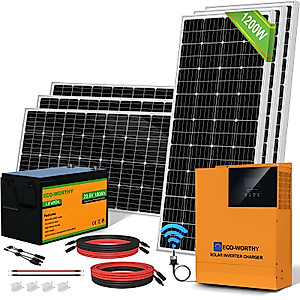 ECO-WORTHY 4.8KWH Solar Power Complete Kit 1200W 24V with Lithium Battery and Inverter for Home: 6pcs 195W Solar Panel + 1pc 25.6V 100Ah Li-Battery + 3000W MPPT Hybrid Charger Inverter