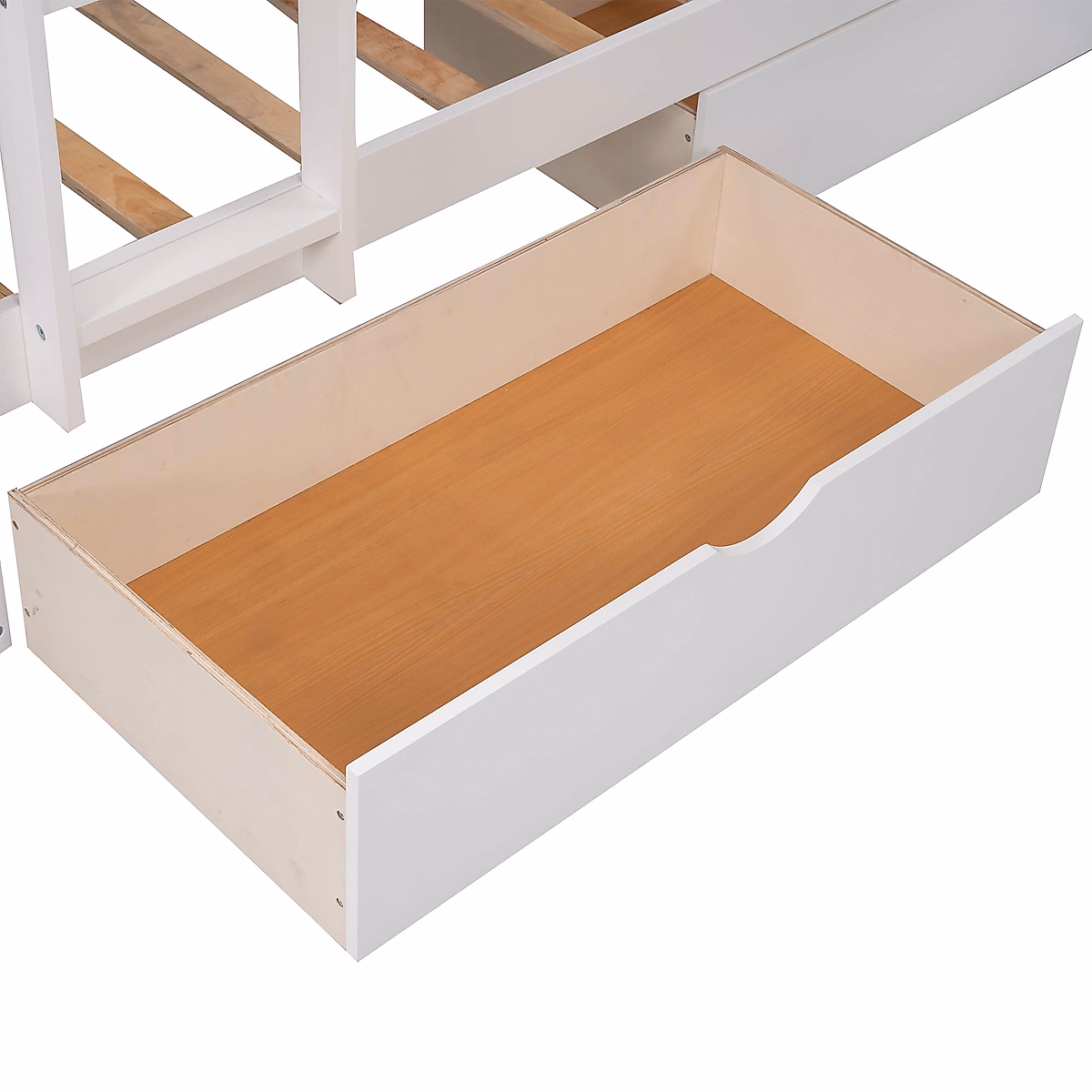 GLORHOME Twin-Over-Twin Triple Bed Wooden L-Shaped Bunk Bed with Ladders and 2 Storage Drawers, Space Saving Bedroom Furniture for Kids Teens
