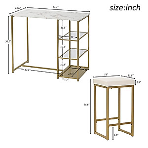 Tiophome Dining Modern Faux Marble Countertop Stools/Storage Shelves, Breakfast Table Chair Home Kitchen Bistro, Living Room Furniture (White/Gold), 3-Piece Bar Pub Set