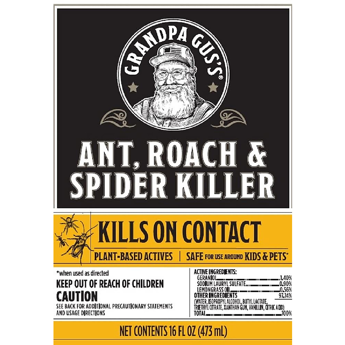 Grandpa Gus's Natural Ant, Roach & Spider Killer Spray, Plant-Based Actives Kill Insects & Bugs On Contact, Non-Greasy, Not Flammable, No Stains, Fresh Scent, 16 oz