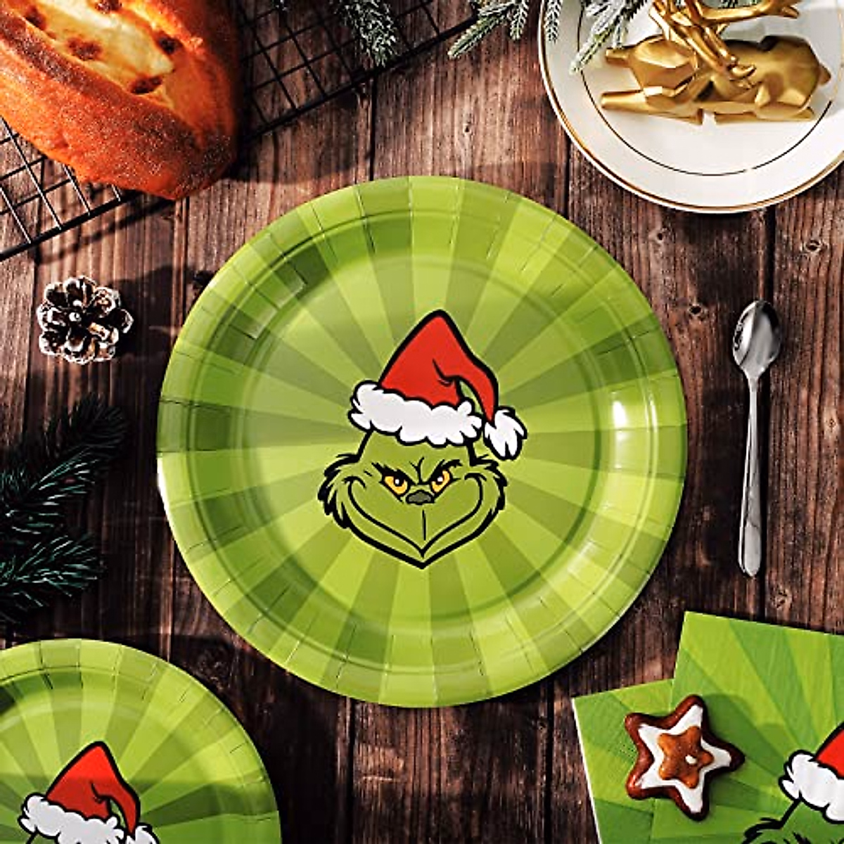 Whaline 100Pcs Christmas Tableware Set Green Christmas Character Disposable Dinnerware Set 50Pcs Paper Plates 25Pcs Napkin 25Pcs Cups for Xmas Theme Party Supplies Table Decorations