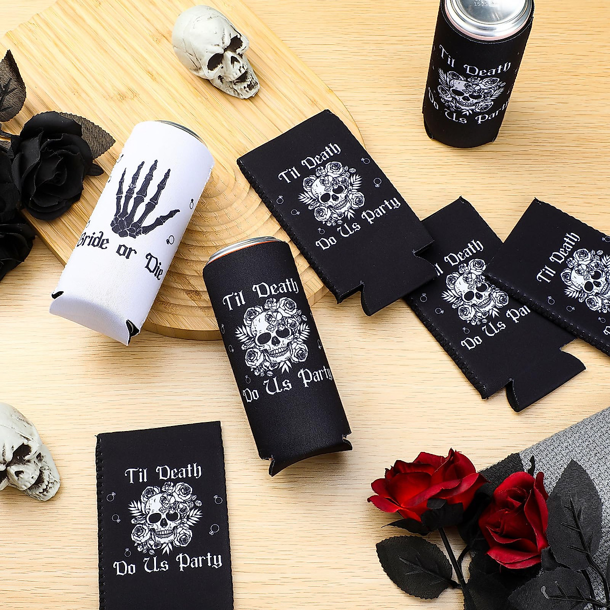 Dandat 12 Pcs Bride or Die Bachelorette Party Can Sleeves Till Death Beverage Sleeves Neoprene Drink Cans Covers Bride or Die Bachelorette Party Decorations Gothic Skeleton(White, Black)