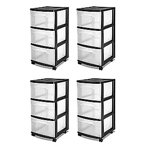 Sterilite 3-Drawer Storage Cart, Clear with Black Frame (4-Pack)