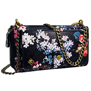 XGrand iPhone 13 Pro Max [3 in 1] Detachable Magnetic Zipper Purse Slots Money Pocket Clutch Crossbody Chain Wrist Strap Leather Wallet Cases - Black Floral