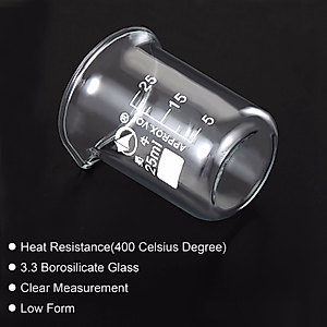 PATIKIL 25ml Low Form Glass Beaker, 3.3 Borosilicate Glass Graduated Printed Scale Measuring Cups with Spout for Kitchen Lab Liquids Transit Boiling