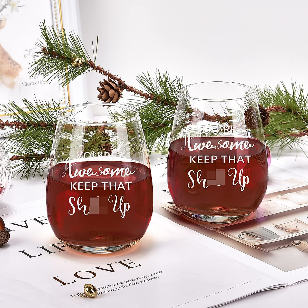 You're Awesome Keep That up Wine Glasses Set of 2, Funny Thank You Wine Glass Gift for Women Men, Novelty Inspirational Gift Idea for Friends Coworkers Sisters, Birthday Christmas Retirement Gift 15Oz